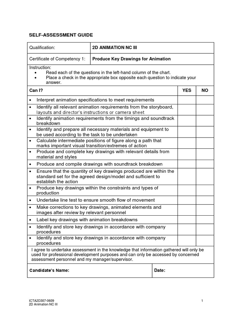 Self-Assessment Guide: 2D Animation NC Iii Produce Key Drawings For ...