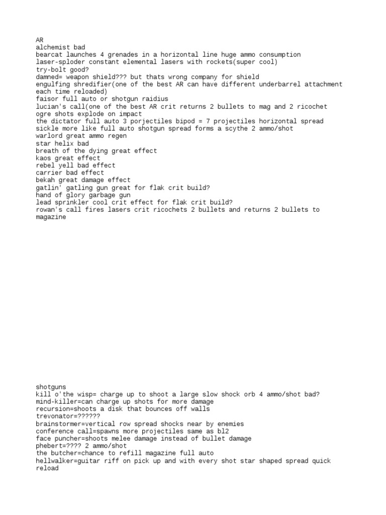 Bl3 Weapons by Type | PDF | Ammunition | Projectiles