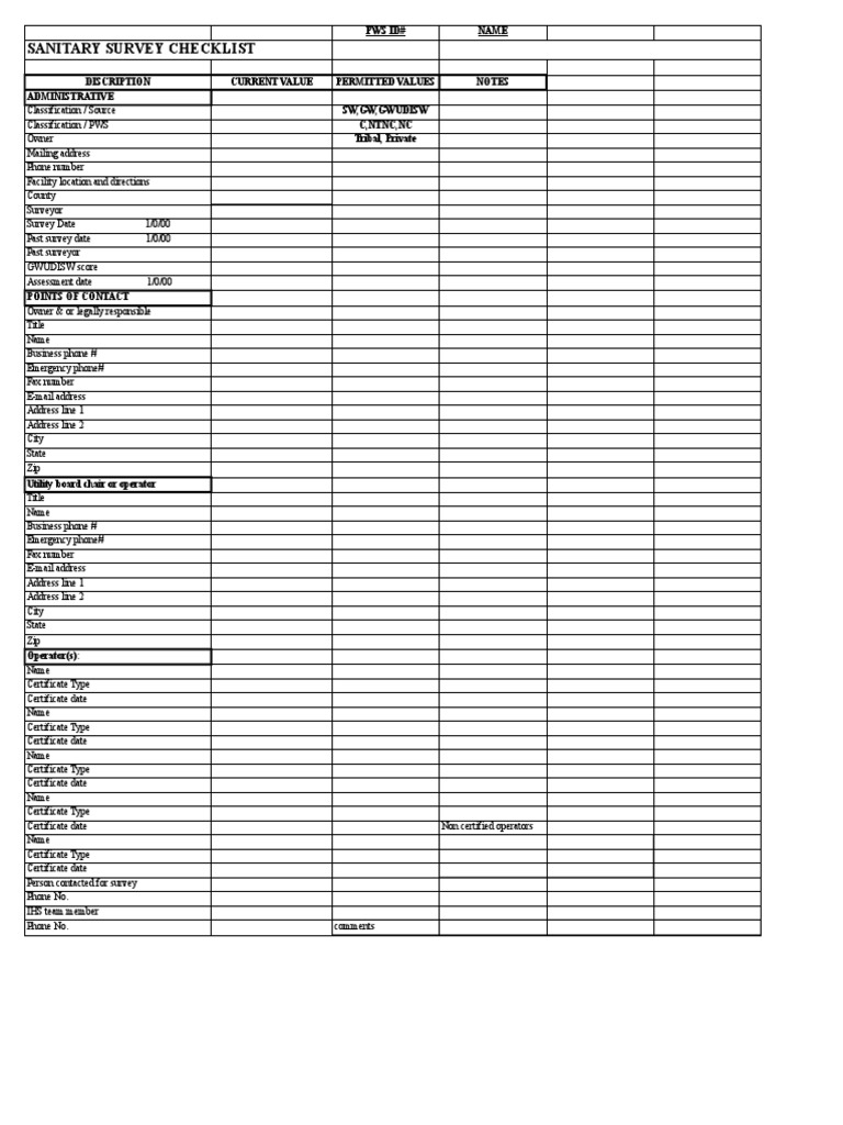 Sanitary Survey Checklist: Pws Id# Name | PDF | Filtration | Materials