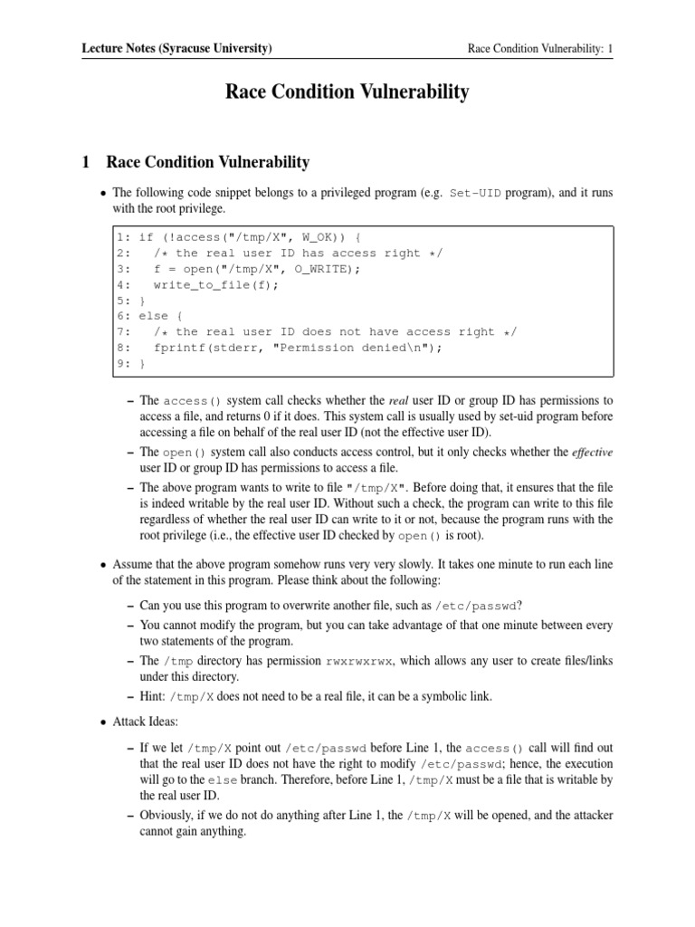 1 Race Condition Vulnerability | PDF | Superuser | Operating System Technology