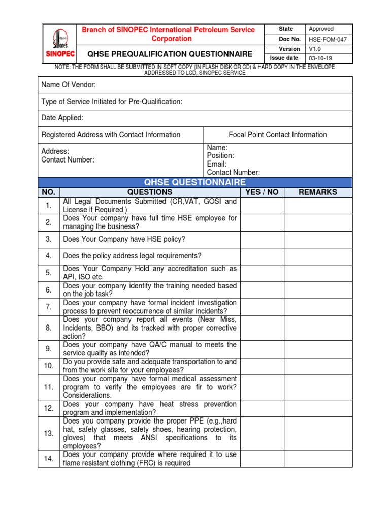 QHSE Prequalification Questionnaire | PDF | Business