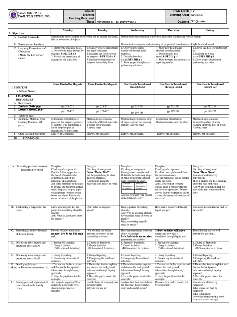 Grade 4 DLL Science 4 q3 Week 3 | PDF | Magnet | Heat