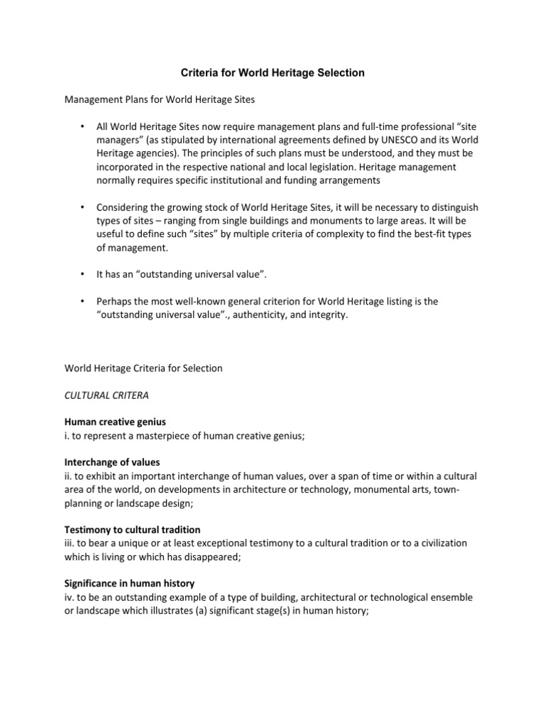 Criteria For World Heritage Selection | Download Free PDF | World ...