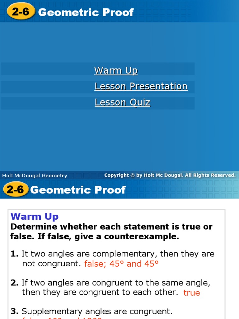 Warm Up Lesson Presentation Lesson Quiz | PDF | Mathematical Proof | Angle
