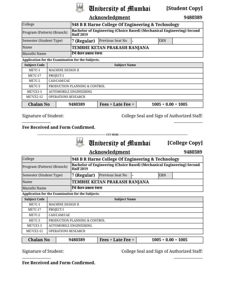 Exam Form Acknowledgment - PDF | PDF | Mechanical Engineering | Engineering