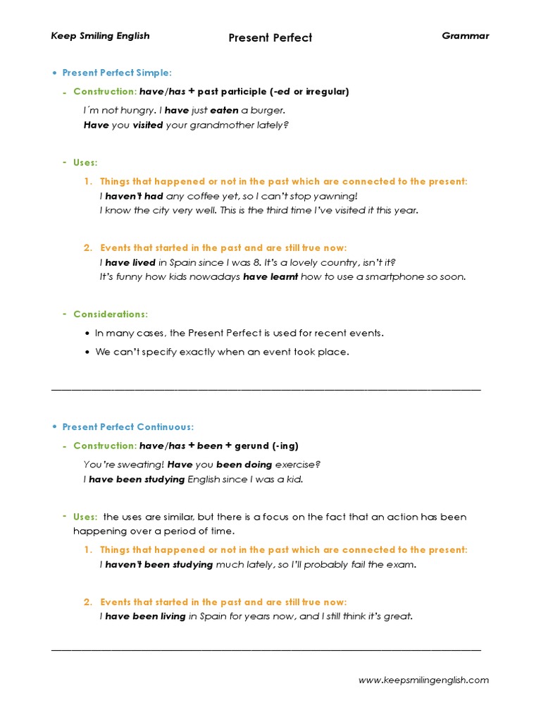 Present Perfect (Simple & Continuous) | PDF | Syntactic Relationships ...
