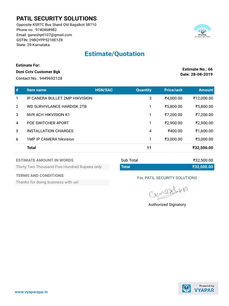 Estimate/Quotation: Patil Security Solutions | PDF