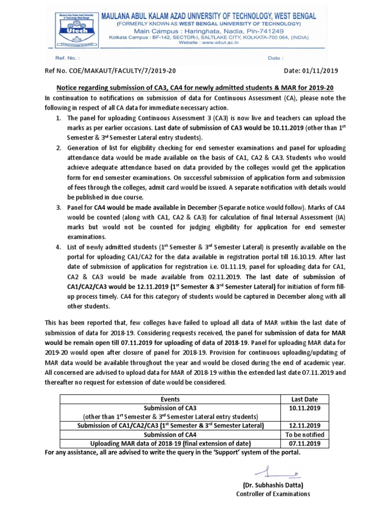 Notice Regarding Submission of CA3, CA4 For Newly Admitted Students & MAR For 2019-20 | PDF ...