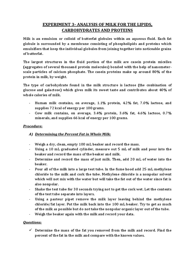 Experiment 3-Analysis of Milk For The Lipids, Carbohydrates and ...