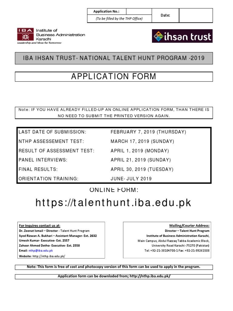 Application Form: Iba Ihsan Trust-National Talent Hunt Program - 2019 ...