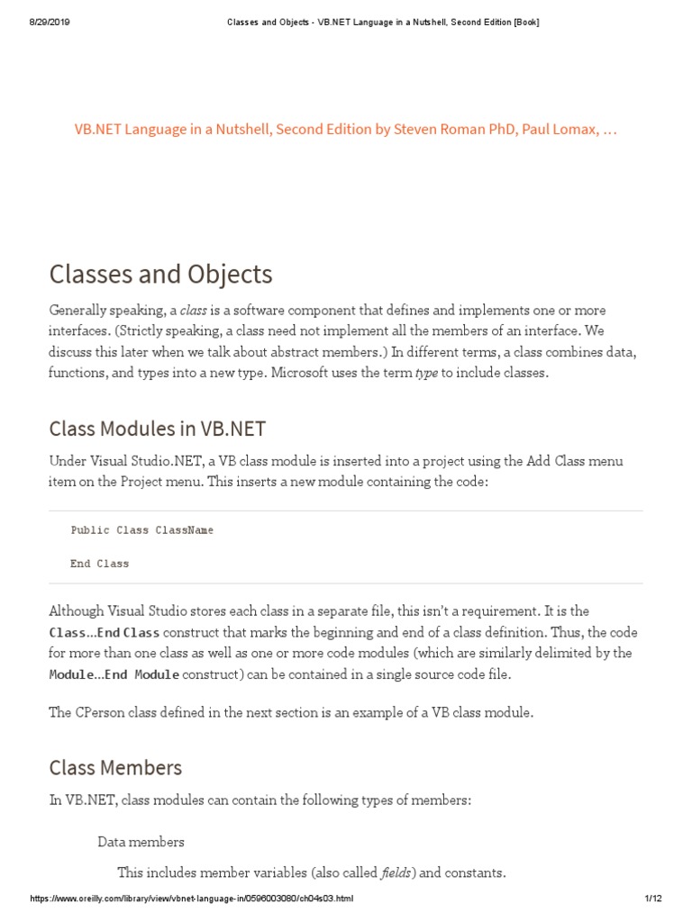 Classes And Objects Vb Net Language In A Nutshell Second Edition Book Pdf Class