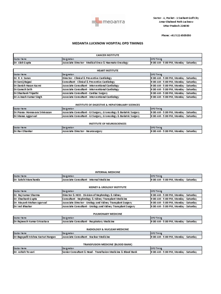 Lucknow Hospital OPD Schedule1 | PDF | Cardiology | Surgery