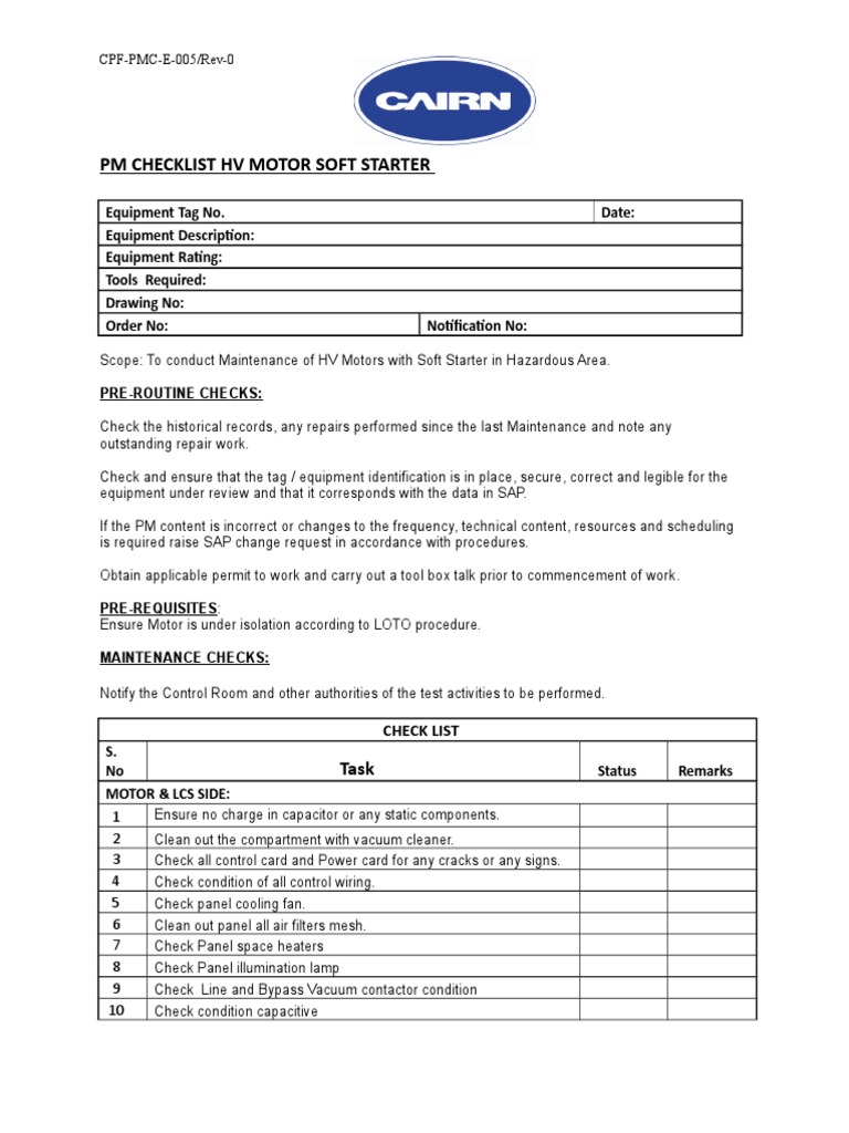 Me18 02 HV Motor Soft Starter Checklist CPF | PDF