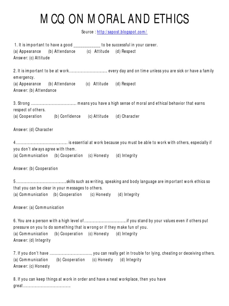 Moral and Ethics MCQ - SAPOST | Value (Ethics) | Integrity | Free 30 ...