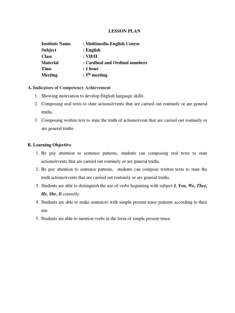 Lesson Plan: Indicators of Competency Achievement | PDF | Grammatical ...