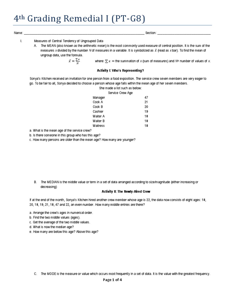 4th Grading Remedial I (PS-G8) | PDF | Arithmetic Mean | Mode (Statistics)