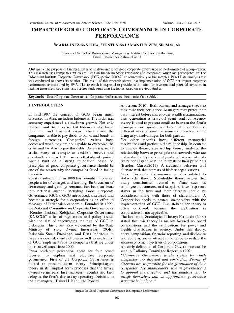 Impact of Good Corporate Governance | PDF | Corporate Governance | Cost ...