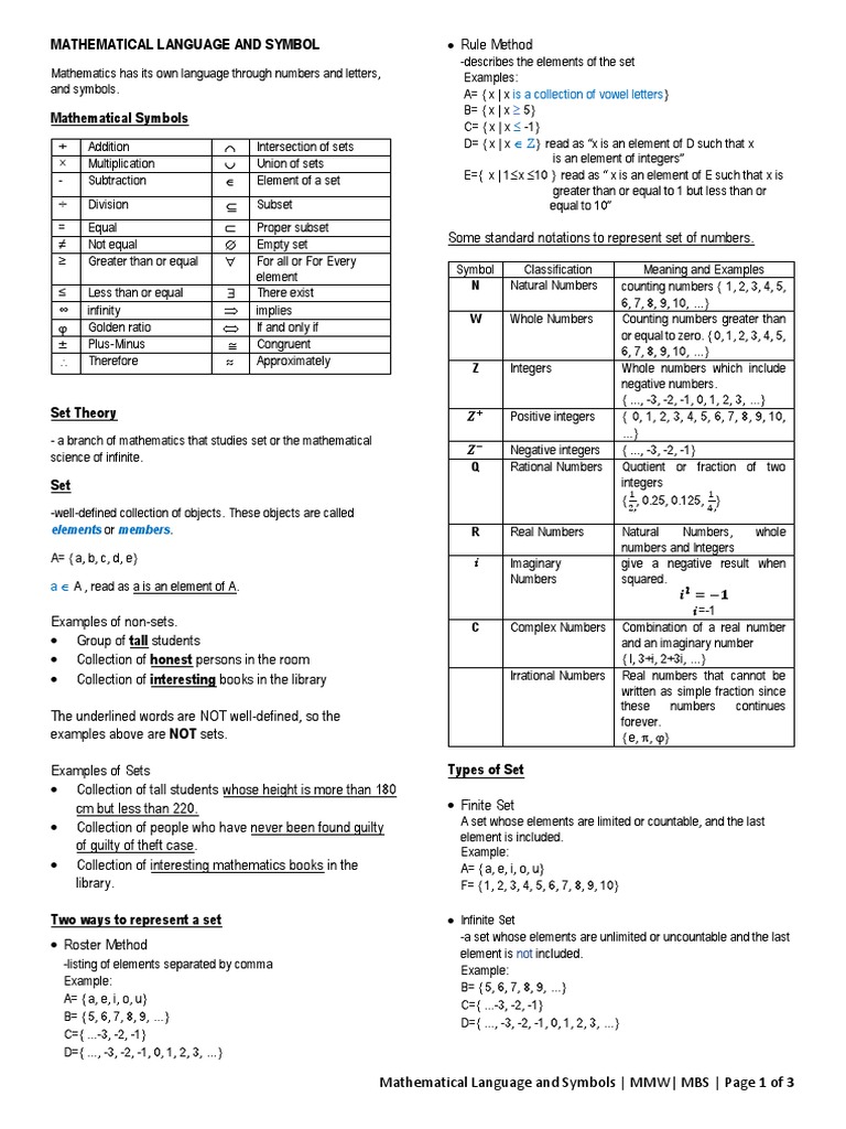Mathematical Language and Symbols | PDF | Set (Mathematics) | Numbers