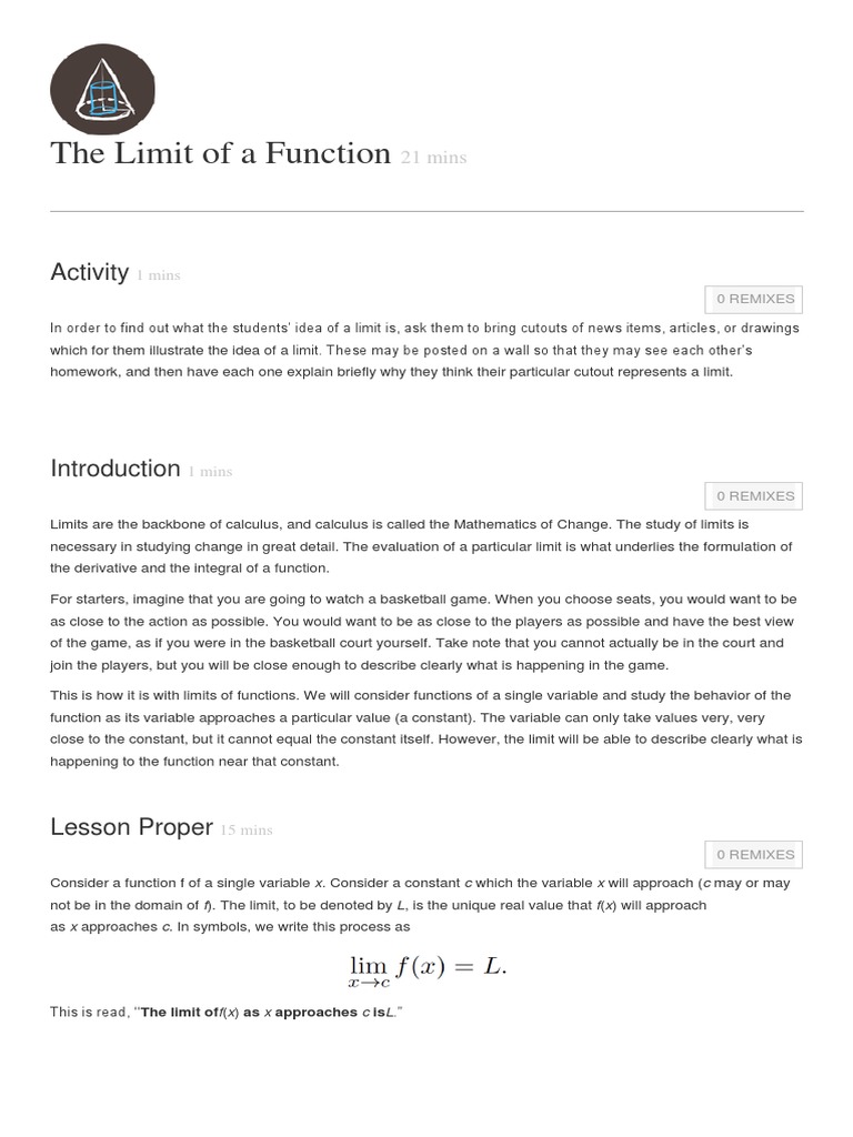 The Limit of A Function | PDF | Function (Mathematics) | Mathematical Relations