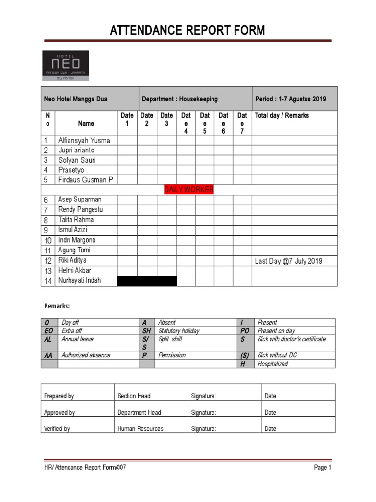 Attendance Report Form | PDF | Labor | Human Resource Management
