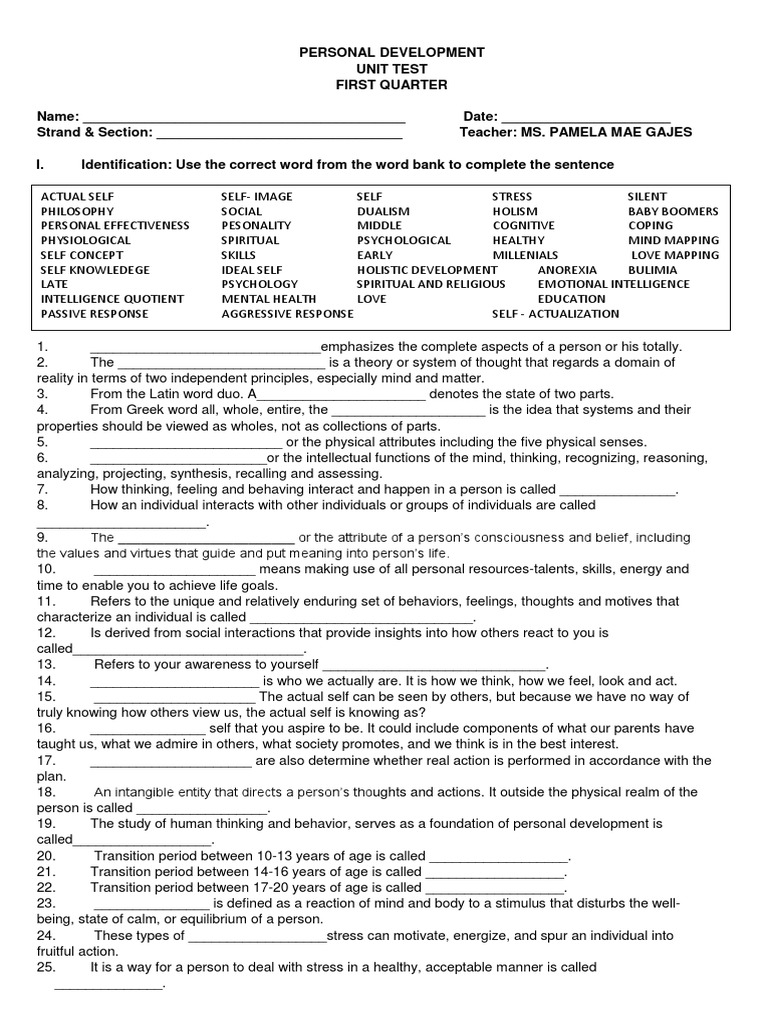Personal Development Unit Test - Answer | PDF | Mind | Self