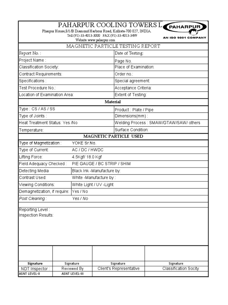 PAHARPUR COOLING TOWERS MAGNETIC PARTICLE TEST REPORT | PDF