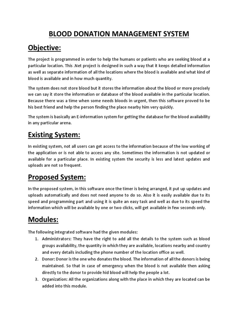 BLOOD DONATION MANAGEMENT SYSTEM Propose | PDF | Databases | Software