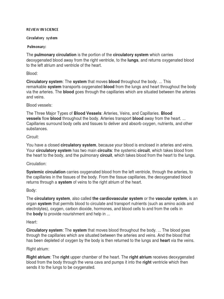 Review in Science Circulatory System Pulmonary | PDF | Circulatory ...