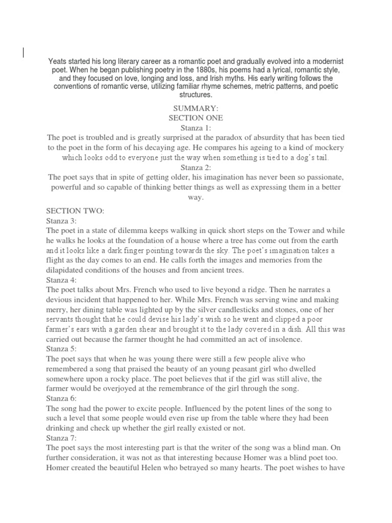 Yeats' "The Tower": A Poetic Analysis | PDF | Poetry