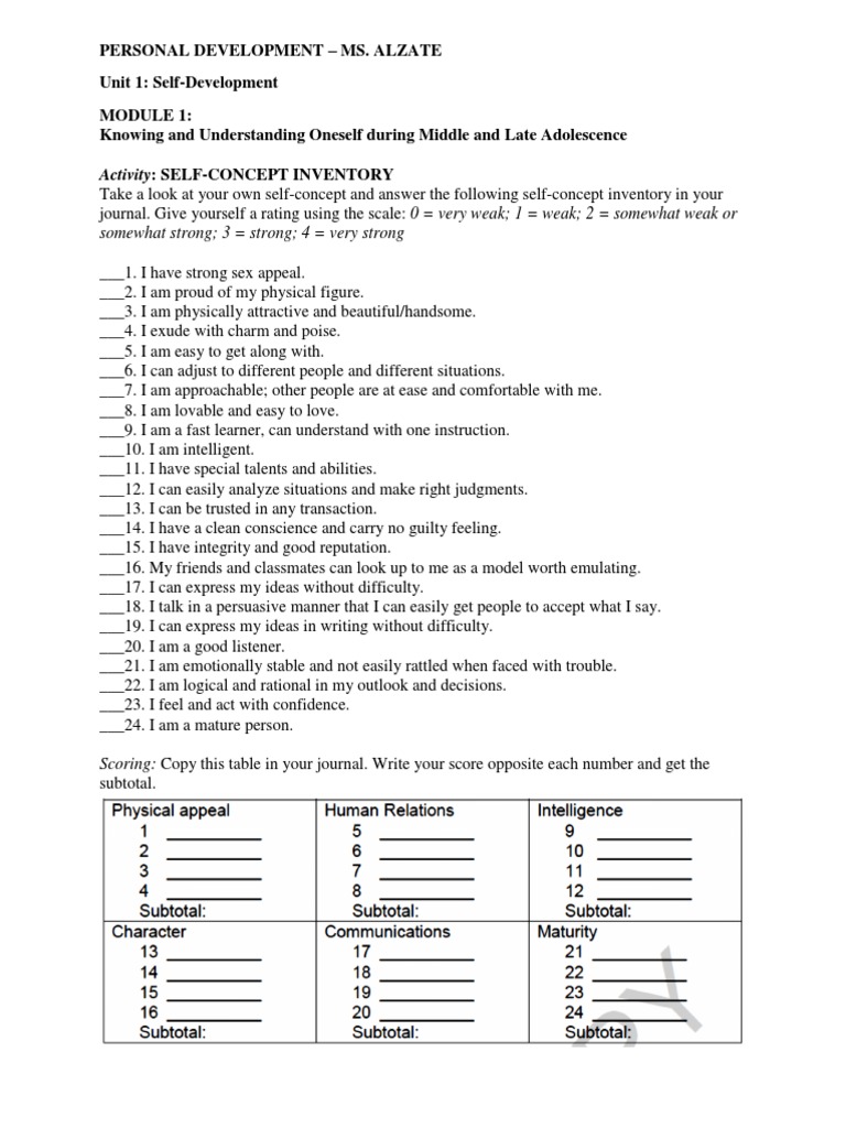 Activity: Self-Concept Inventory: Somewhat Strong 3 Strong 4 Very ...