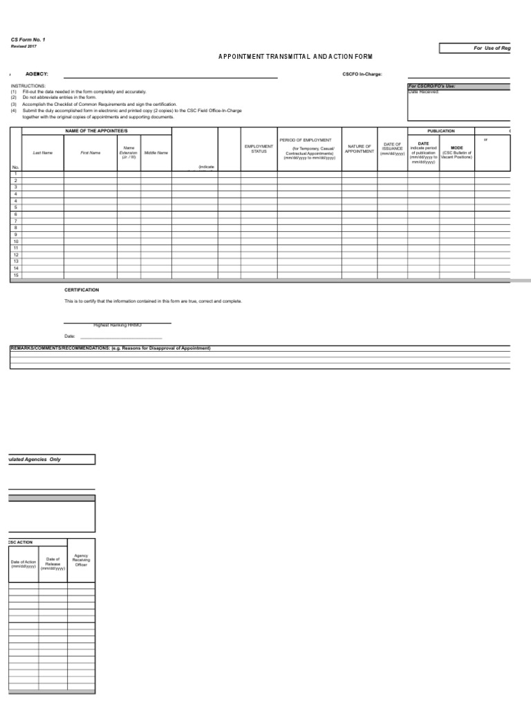 CS Form No. 1 Appointment Transmittal and Action Form | PDF ...