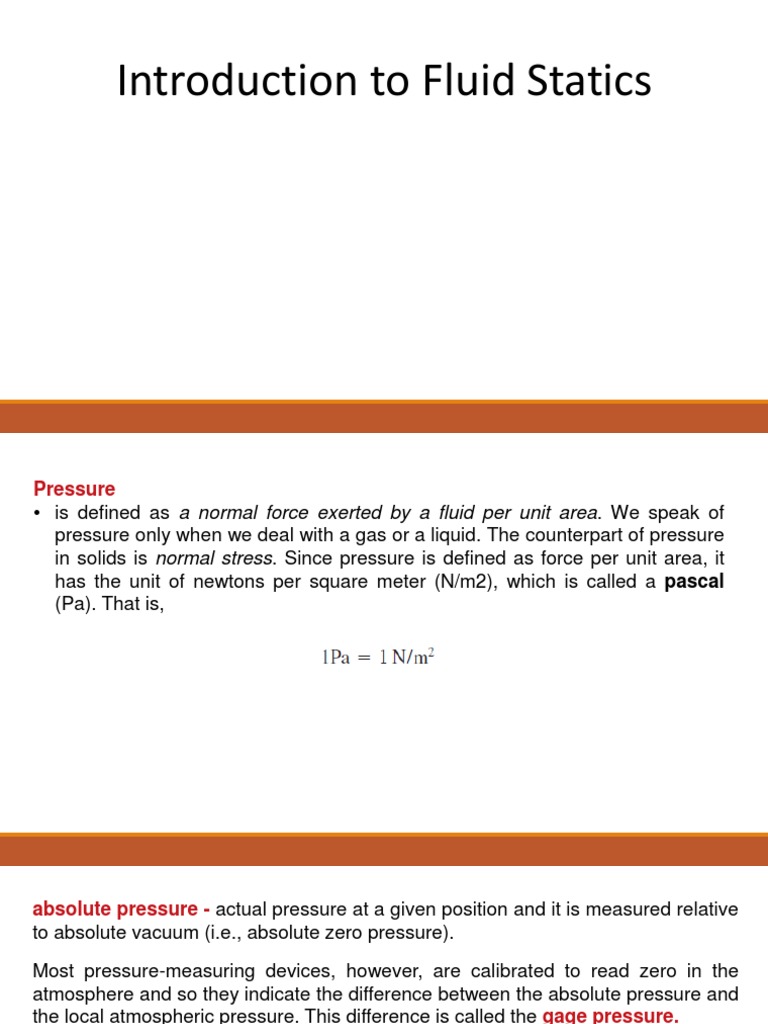 Introduction To Fluid Statics | PDF | Pressure Measurement | Pressure