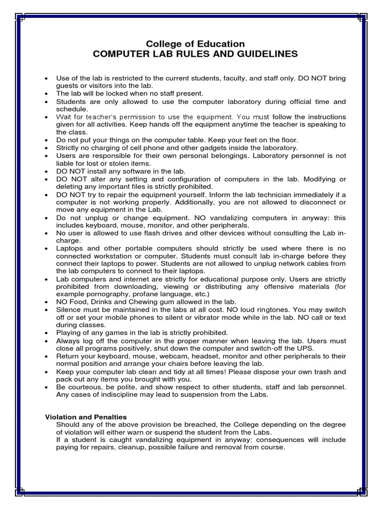 Rules & Regulations For Computer Lab Use | PDF | Laptop | Laboratories