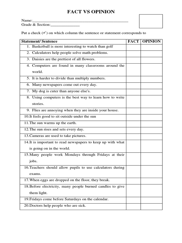 Fact Vs Opinion Exam | PDF