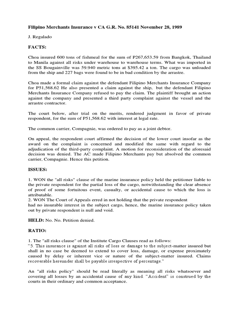 Filipino Merchants Insurance V CA | PDF | Insurance | Insurance Policy