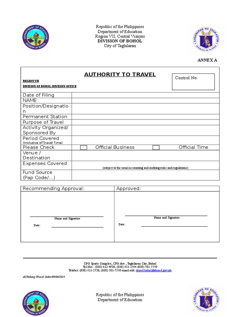 Authority To Travel: Division of Bohol | PDF | Government | Business