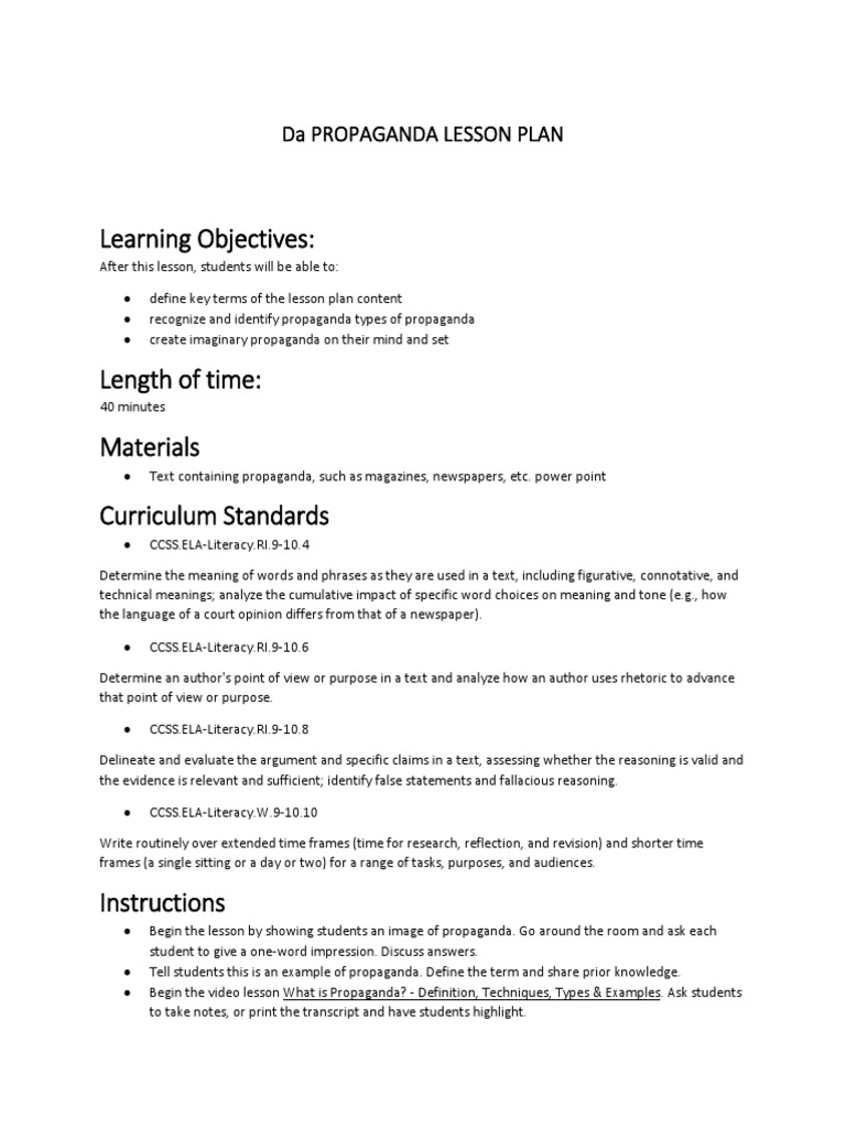 Typles of Propaganda Lesson Plan | PDF | Propaganda | Reason