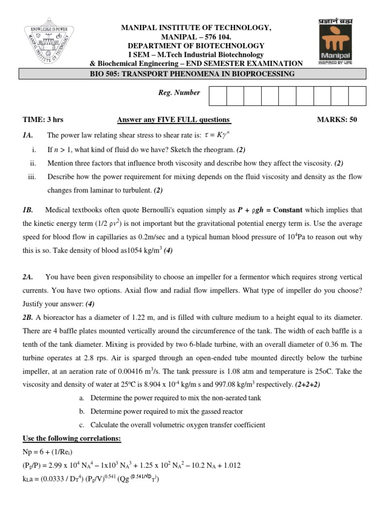 Transport Phenomenon Question Paper (M.tech) | PDF | Fluid Dynamics | Sewage Treatment
