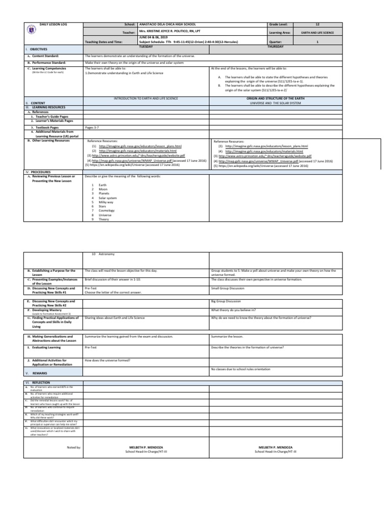 DLL Earth and Life Science Week 1 | PDF | Universe | Concept