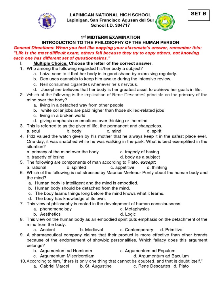 Introduction To The Philosophy of The Human Person Midterm Set B | PDF | Argument | Truth