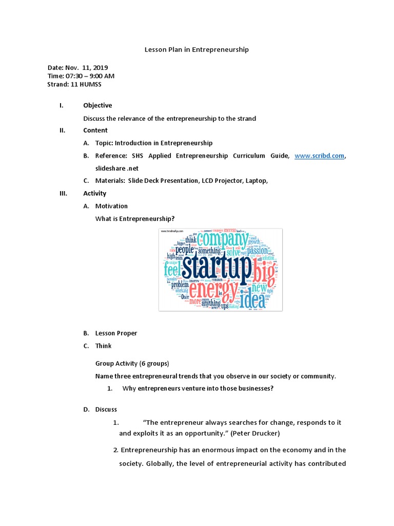 Nov 11 Lesson Plan in Entrepreneurship | PDF