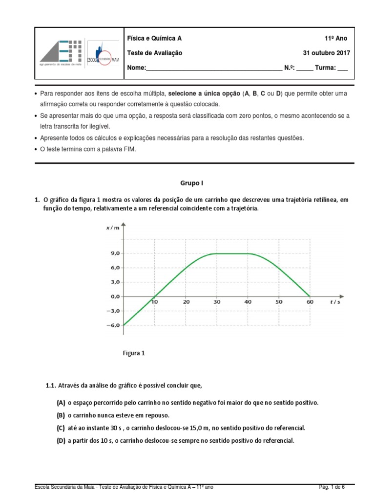 Teste FQ 11º Ano Velocidade Posição Tempo | Massa | Velocidade
