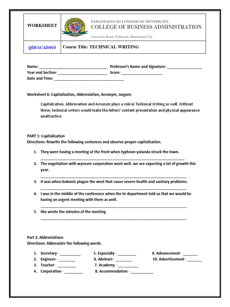 College of Business Administration: Worksheet | PDF | Acronym | Semiotics
