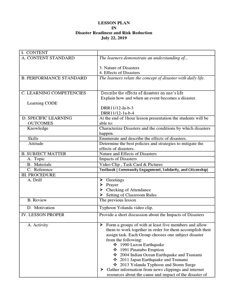 Lesson Plan in DRRR 1st COT | PDF | Hazards | Lesson Plan