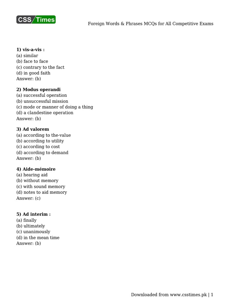 Foreign Words & Phrases MCQs For All Competitive Exams | PDF ...