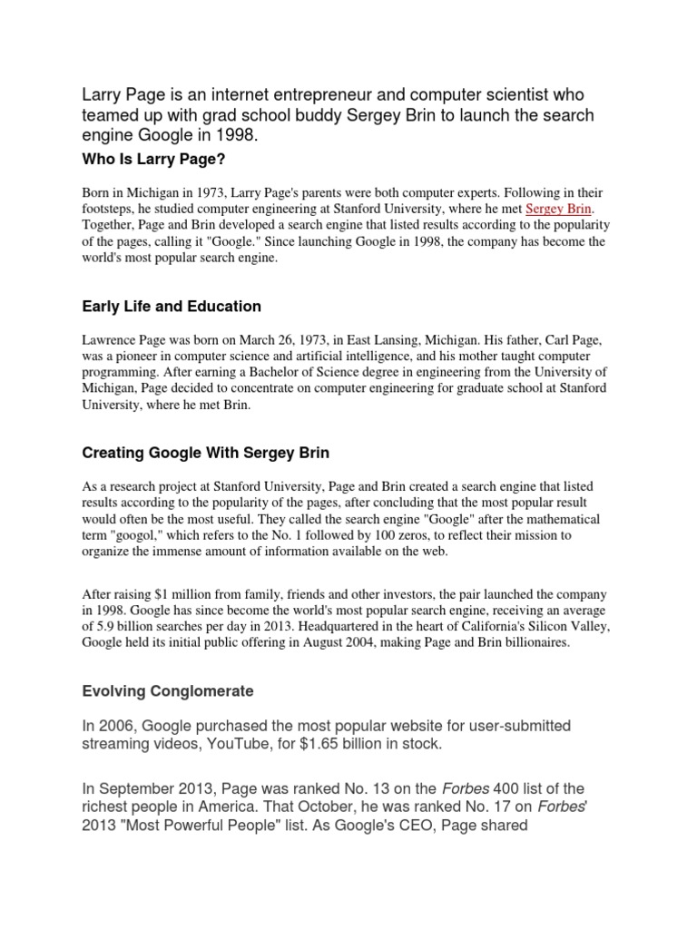 Larry Page: Google Co-Founder Biography | PDF | Internet Search Engines ...