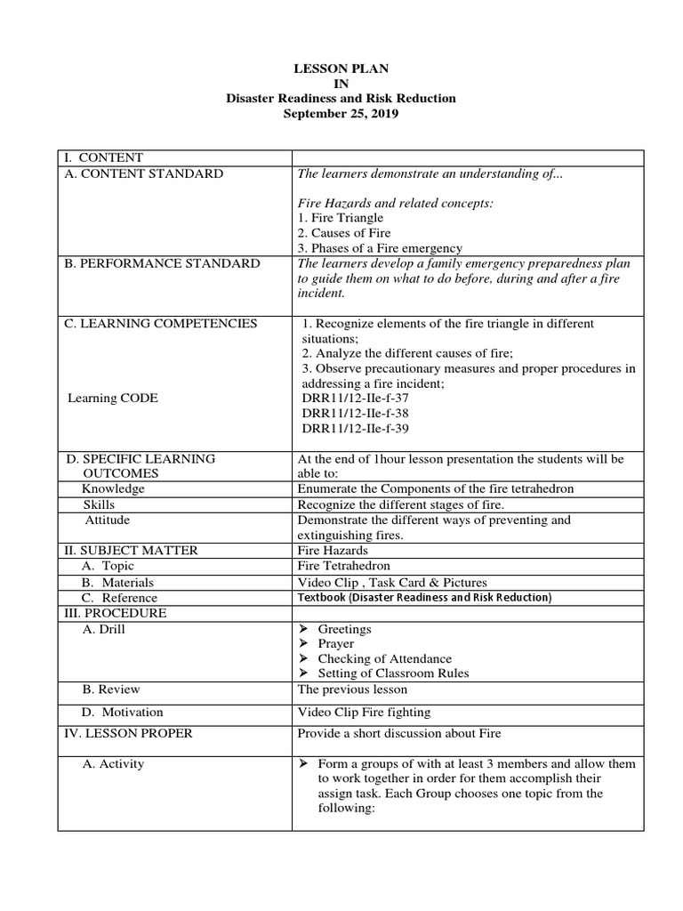 Grade 2 DRRM Lesson Plan: Fire Safety | PDF | Lesson Plan | Applied ...