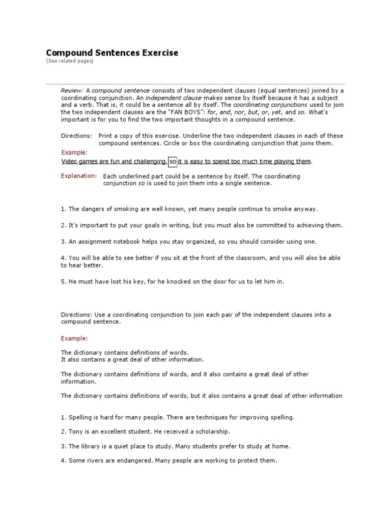 Compound Sentences Exercise | PDF | Sentence (Linguistics) | Semiotics