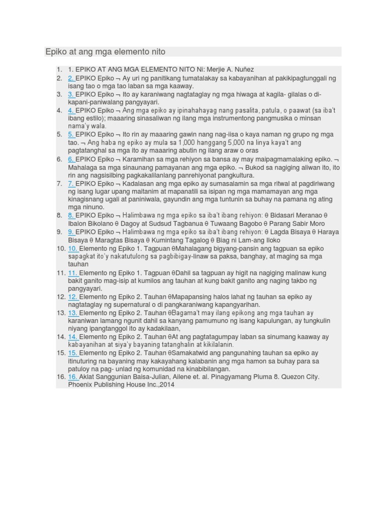 Epiko at Ang Mga Elemento | PDF