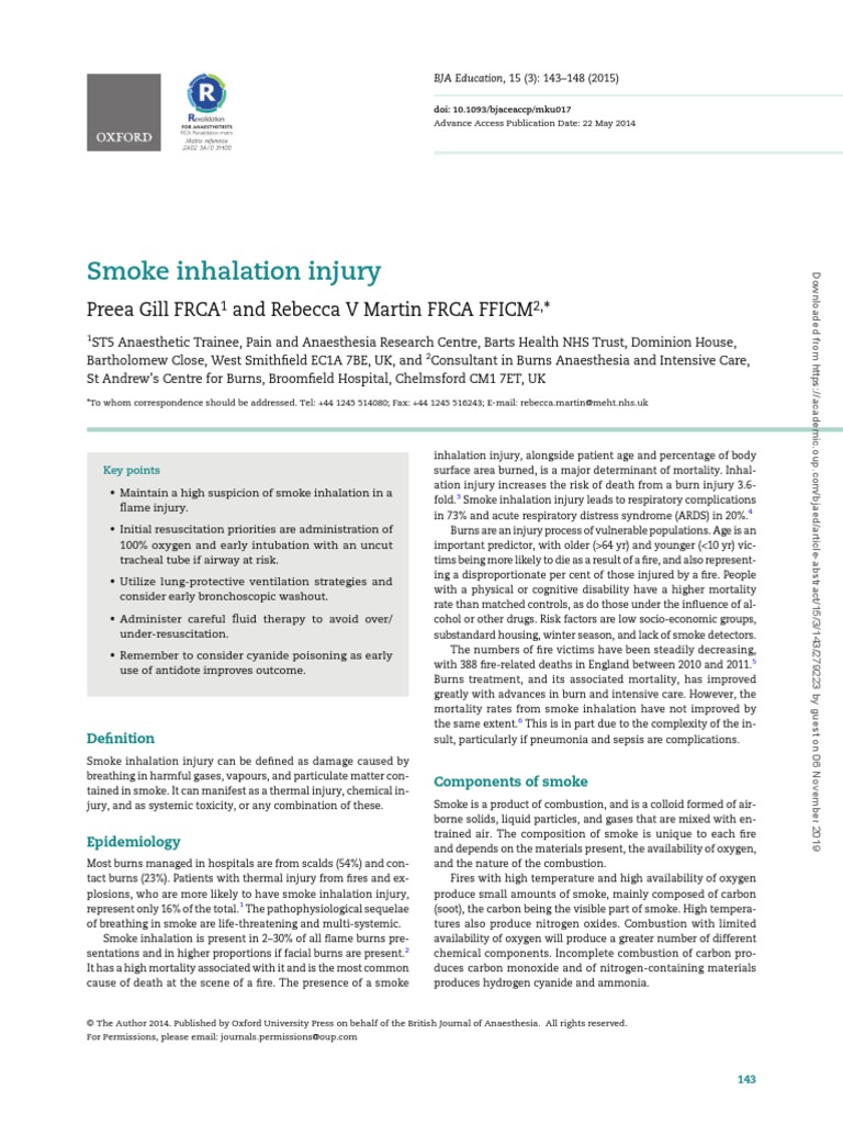 Smoke Inhalation Injury | PDF | Hypoxia (Medical) | Smoke